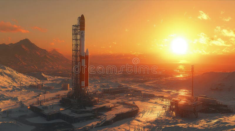 A Powerful Space Rocket Stands at a Launch Site in the Snowy Landscape ...