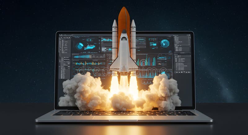 Space Shuttle Launching from Laptop Display with Business Data ...