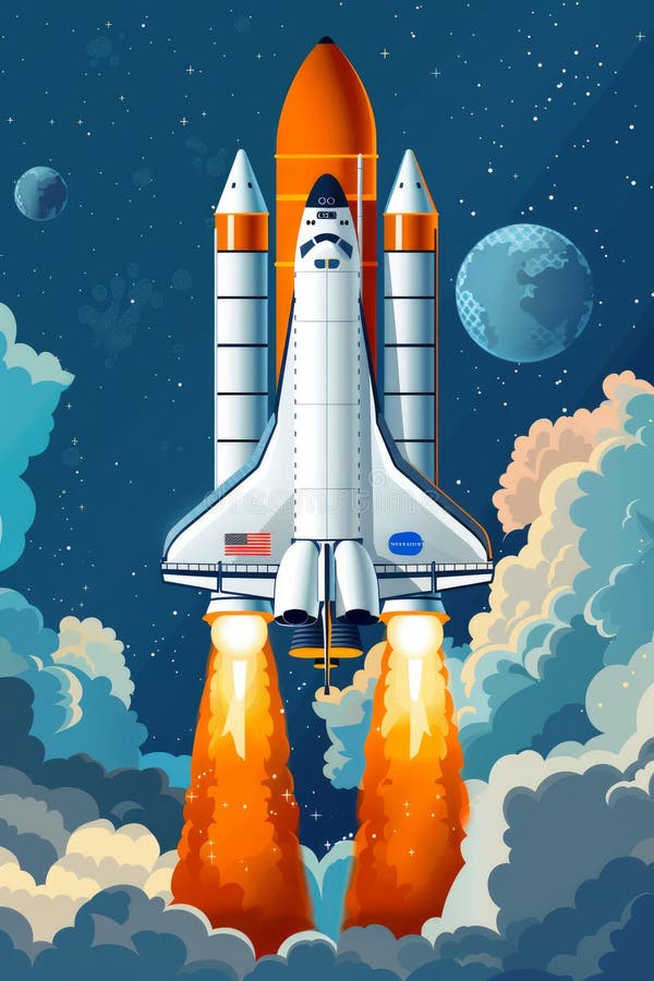 Exciting Launch of a Space Shuttle in a Starry Night Sky with Planets ...