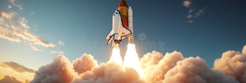 Space Shuttle Launching through Orange Hued Sunset Sky, Soaring Beyond ...
