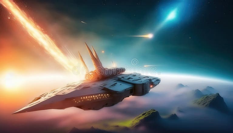 Futuristic Battle-ready Spaceship Soaring through Space with Dazzling ...