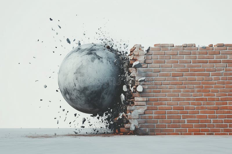 Powerful Sphere Crushing Brick Wall Destruction Impact Grey Stone ...