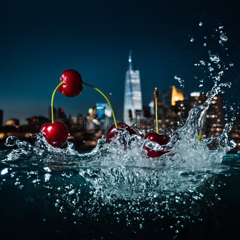 Splash Water Cherries in a Dynamic Splash with a Blurred Urban Skyline ...