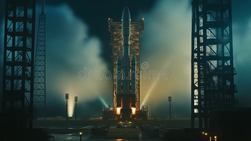 Space Launch System Rocket Standing on Launchpad at Night Stock Footage ...