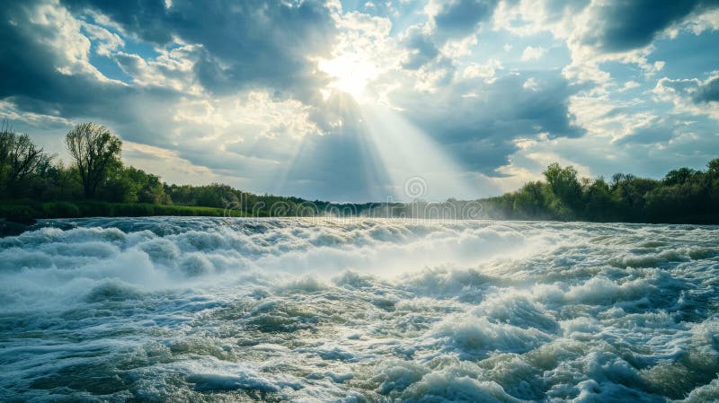 Powerful Spring Flood Covers Meadows As Sun Rays Break through Dramatic ...