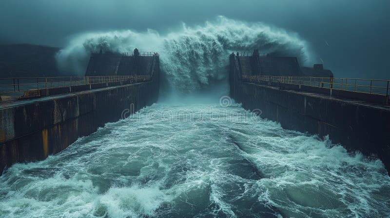 A Powerful Storm Causing Massive Waves To Crash Over a Large Dam with ...