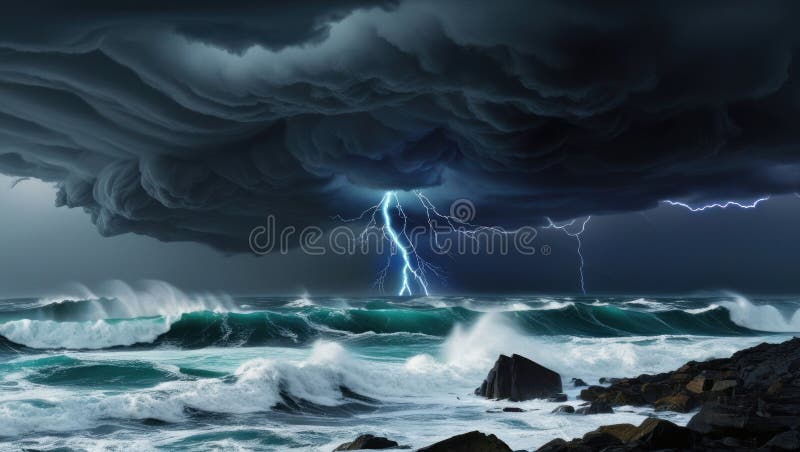 A Powerful Storm with Lightning Over the Raging Sea. Stock Photo ...