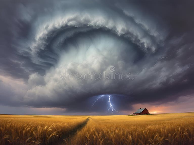 Powerful Storm Over a Wheat Field with Lightning and a Distant Barn at ...
