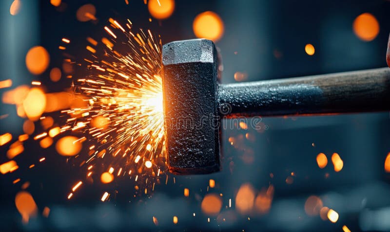 A Blacksmith& X27;s Hammer Striking Metal, Creating Bright Orange ...