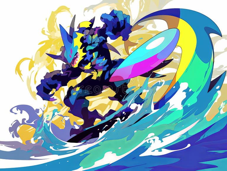Powerful, Stylized Monster Surfing Massive Wave, Vibrant Colors ...