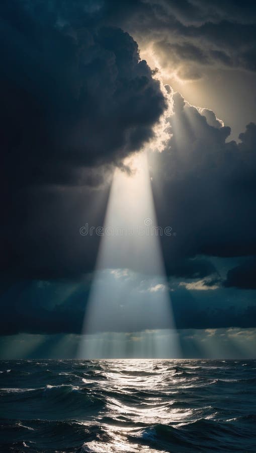 A Powerful Sunbeam Breaking through Dark Storm Clouds Creating a ...