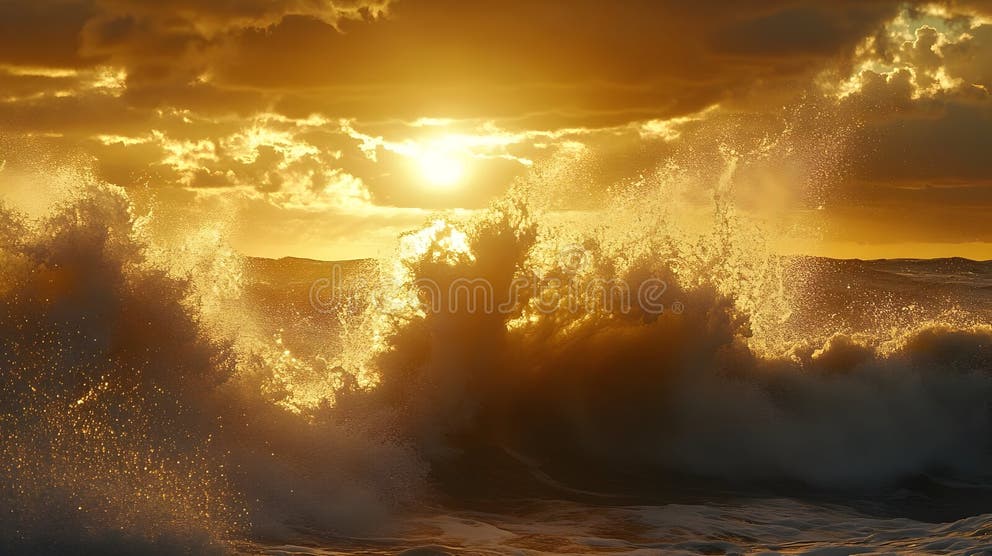 Powerful Sunset Over Golden Ocean Waves Stock Illustration ...