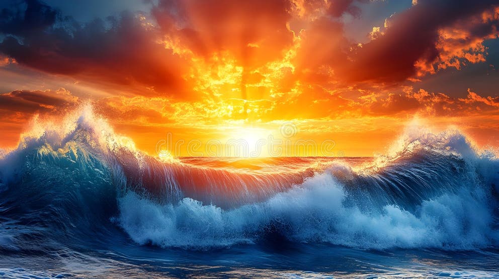 Powerful Sunset Over Ocean Waves Stock Illustration - Illustration of ...