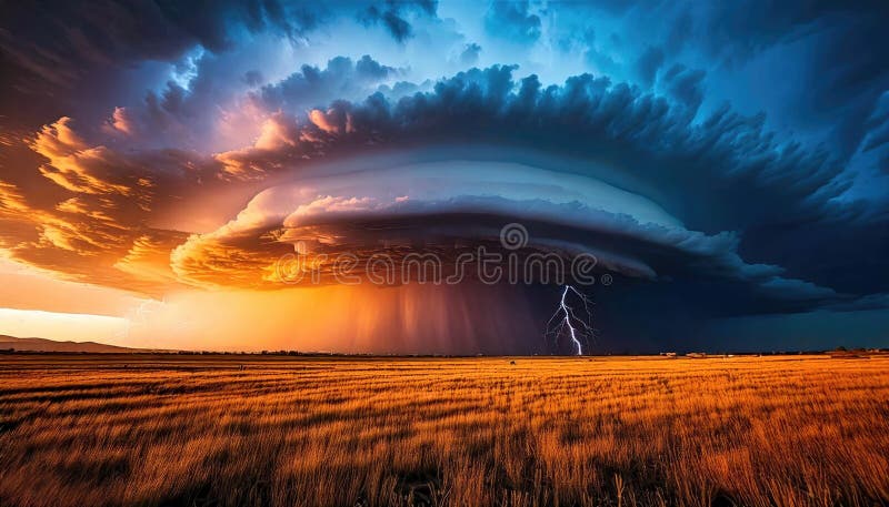 A Powerful Supercell Storm with Lightning Over a Golden Field at Sunset ...