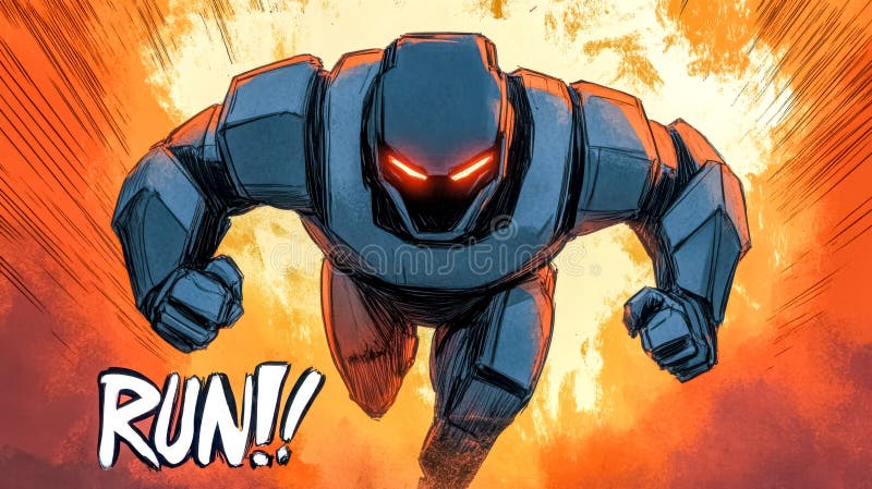 Powerful Superhero Running from Explosion in Comic Panel Stock Photo ...