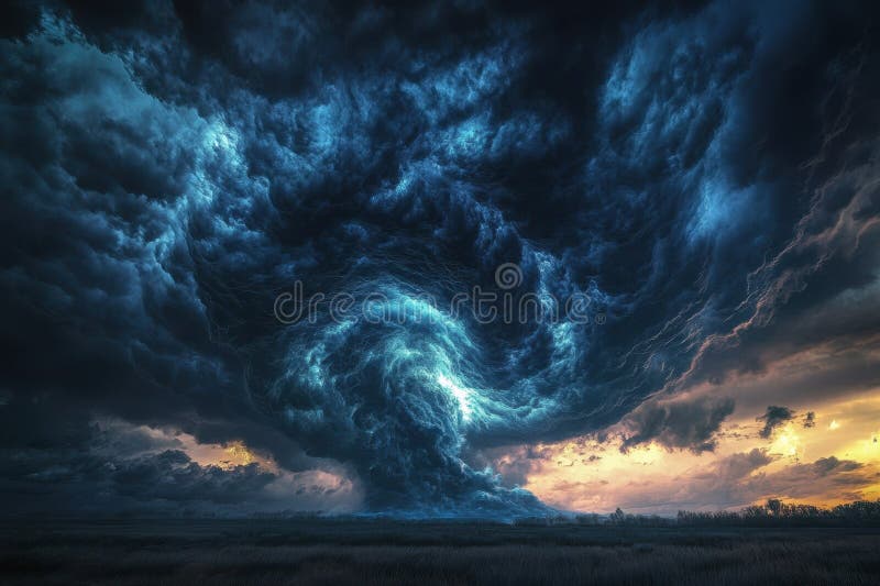 Powerful Swirling Storm Cloud Forming Over an Open Landscape at Sunset ...
