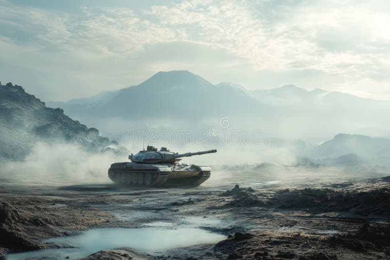 Powerful Tank in Action on Battle Field with Explosions. Neural Network ...