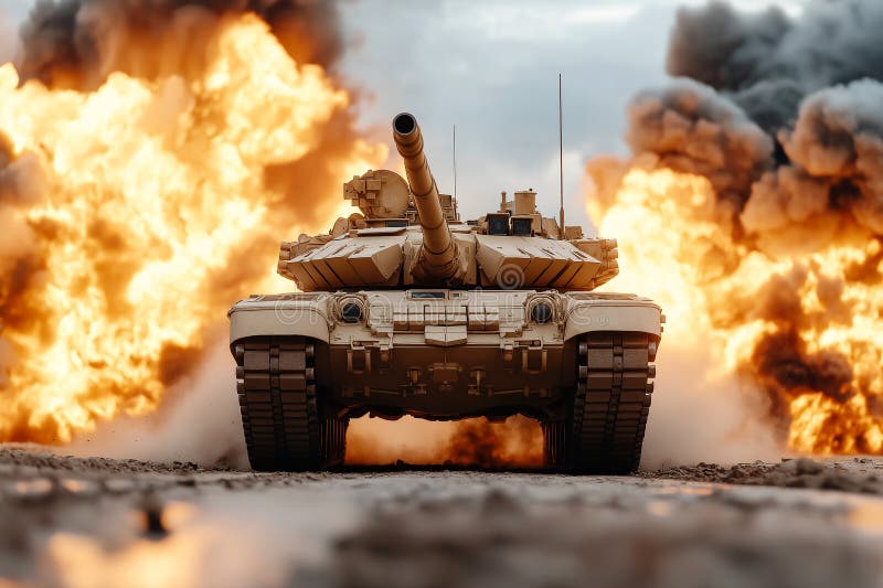 Powerful Tank Advances through Battlefield with Explosions and Fire in ...