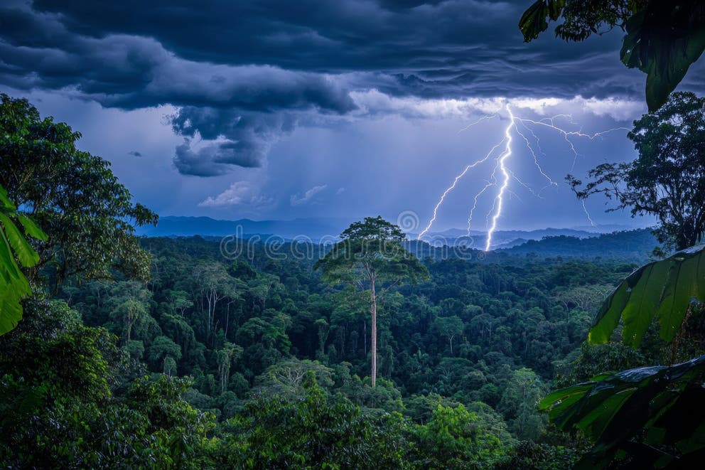 A Powerful Thunderstorm Engulfs a Lush Rainforest, with Dark Clouds ...