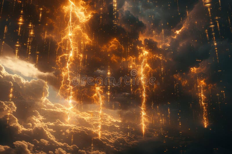 Powerful Thunderstorm with Golden Lightning. Stock Image - Image of ...