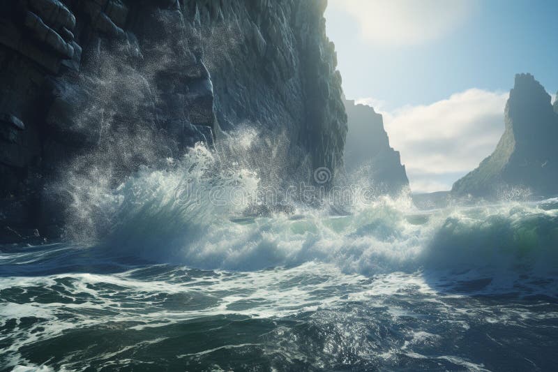 Powerful Tidal Waves Crashing Against Towering Cli Stock Illustration ...