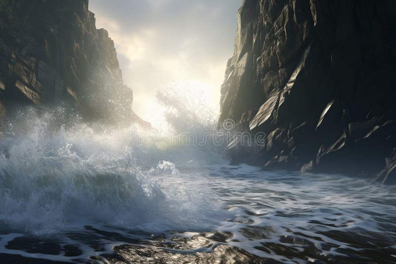 Powerful Tidal Waves Crashing Against Towering Cli Stock Illustration ...
