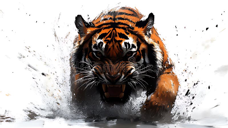Powerful Tiger Charging through Water, Splashing, Intense Expression ...