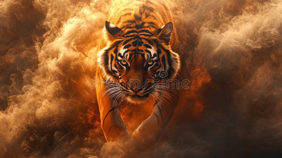 Powerful Tiger Emerging from Fiery Dust Cloud Stock Illustration ...