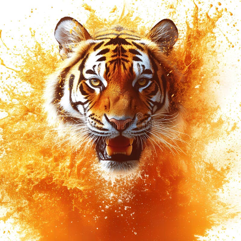 Powerful Tiger Emerging from Orange Splash Artistic Wildlife Image ...