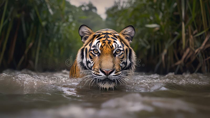 Powerful Tiger Emerging from Water in a Forest with Intense Focus Stock ...