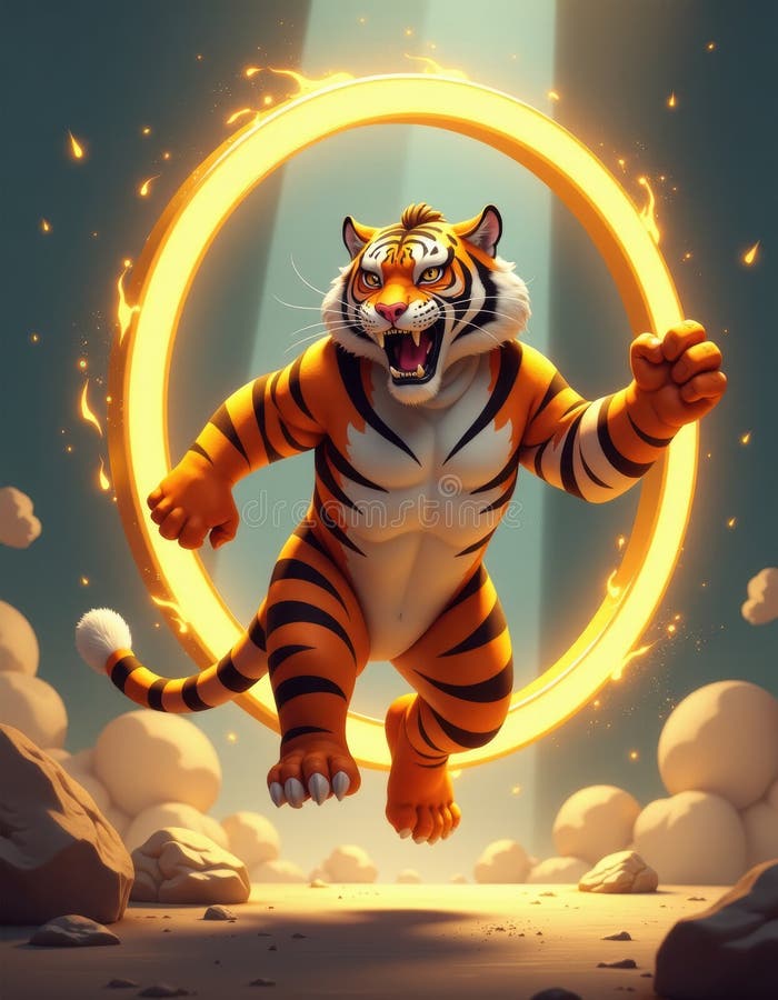 Powerful Tiger Leaping through a Ring of Fire Stock Illustration ...