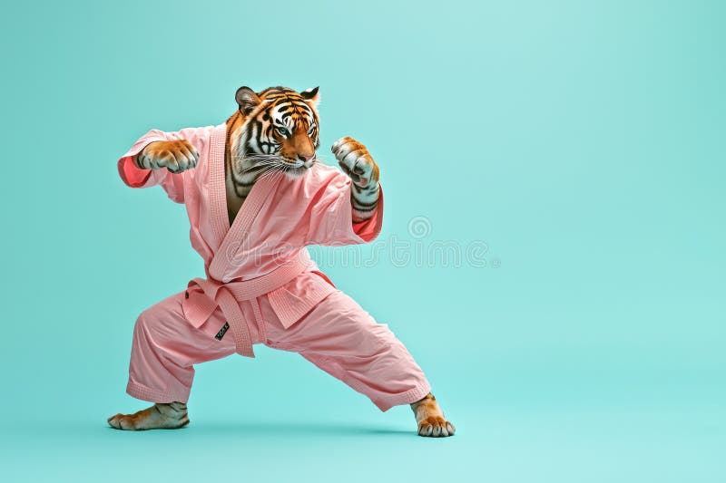 A Powerful Tiger in a Pink Karate Gi Stands in a Dynamic Fighting ...