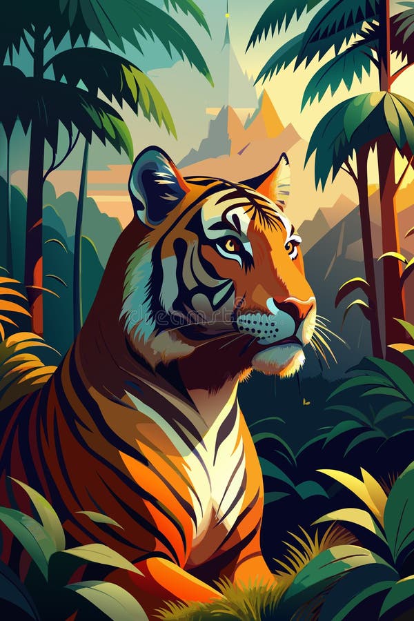 Powerful Tiger Portrait in a Dense Jungle with Exotic Plants and ...