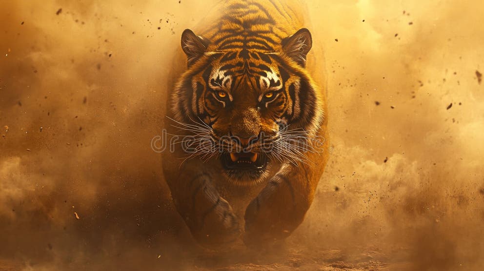 Powerful Tiger Running through Dust Cloud Stock Illustration ...