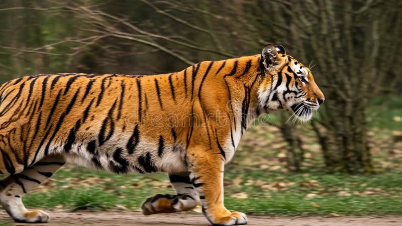 Powerful Tiger Running through a Grassy Forest in a Side Profile View ...