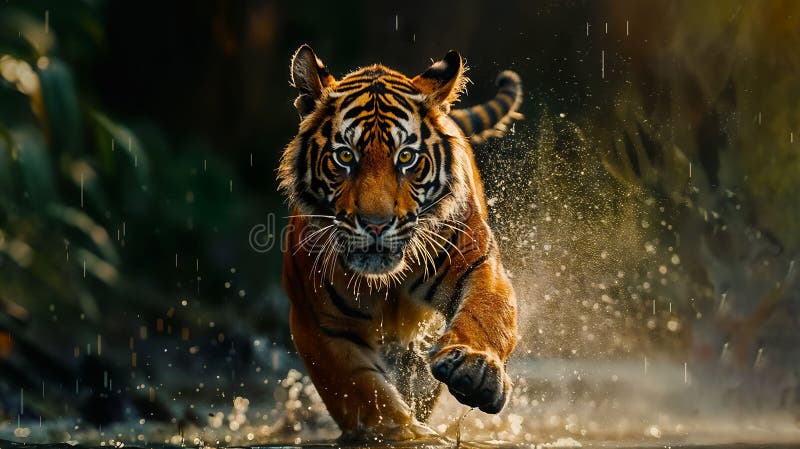 A Powerful Tiger Running through Water with a Dramatic Splash in a ...