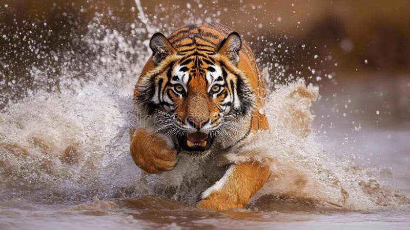 Powerful Tiger Running through Water Stock Illustration - Illustration ...