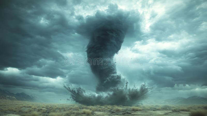 A Powerful Tornado Descending Towards a Dry, Desert Landscape Stock ...
