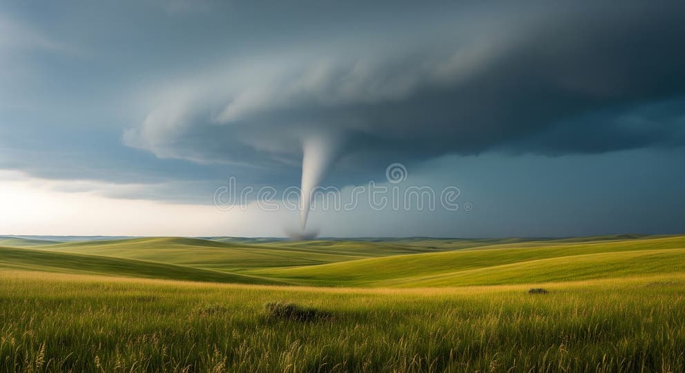 A Powerful Tornado Descends from Dark, Stormy Clouds Over Vast, Rolling Green Fields Under a ...