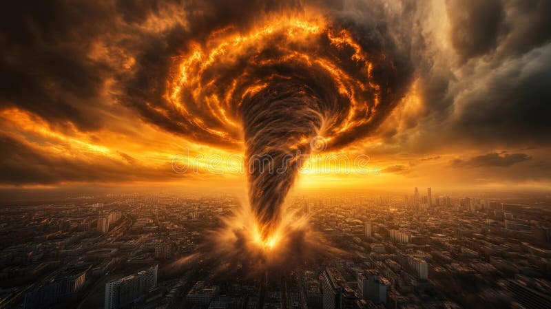 Powerful Tornado Moving Over a City Engulfed in Fire and Devastation ...