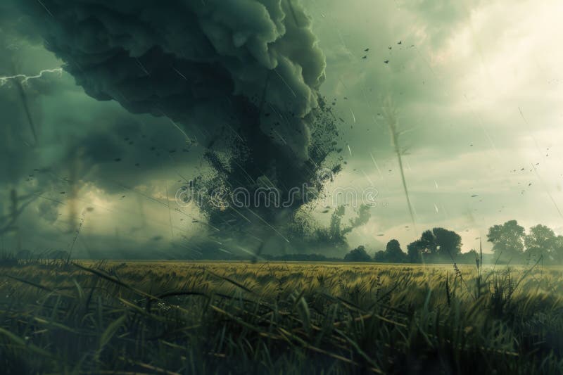 Raging Tornado at the with in a Dry Dirt Field with Black Clouds. Stock ...