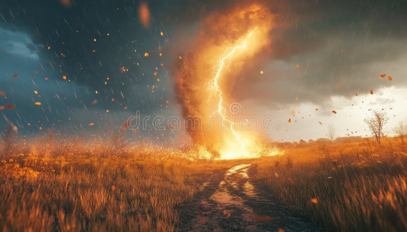 Powerful Tornado Twisting through Countryside with Sheet Lightning and ...