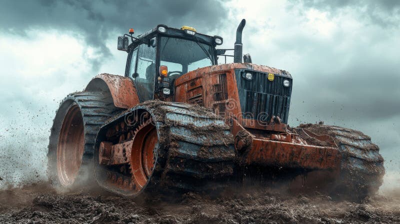 Powerful Track Tractor in Muddy Field Stock Illustration - Illustration ...