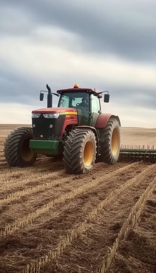 Powerful Tractor with Farming Disc Harrow in Field Under Dramatic ...