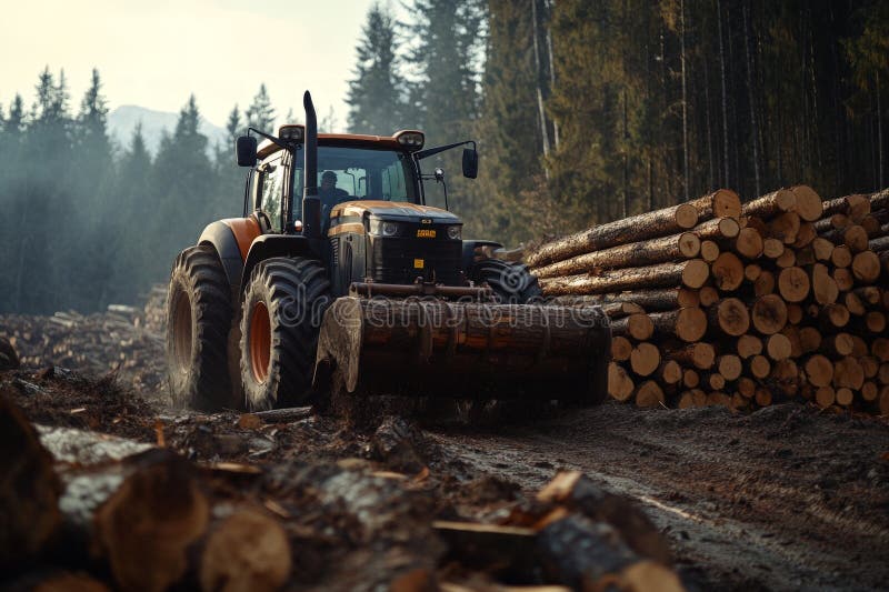 Powerful Tractor Moving Logs in a Forest Logging Operation Stock ...
