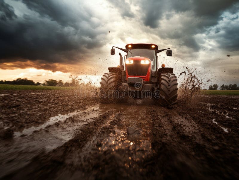 Powerful Tractor in Muddy Field Under Dramatic Sky Stock Illustration ...