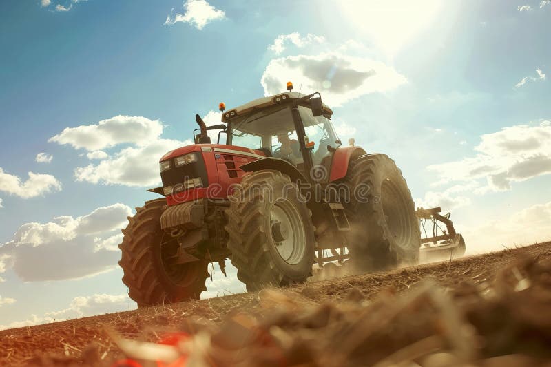 Powerful Tractor Plowing Field Under Sunny Sky in Rural Landscape Stock ...