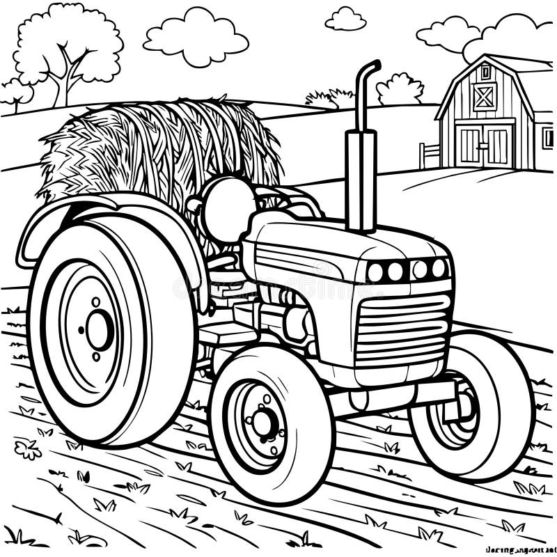 Powerful Tractor Pulling Hay on a Country Farm with Barn Background ...