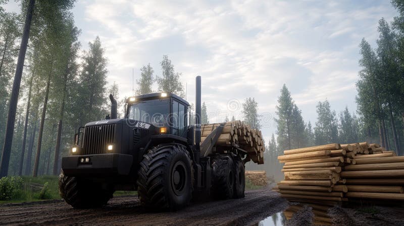 Powerful Tractor Transporting Logs through a Dense Forest at Dawn Stock ...