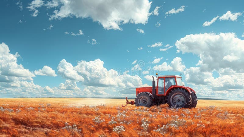 Powerful Tractor at Work, Turning Over Soil on a Vast Farmland Under a ...